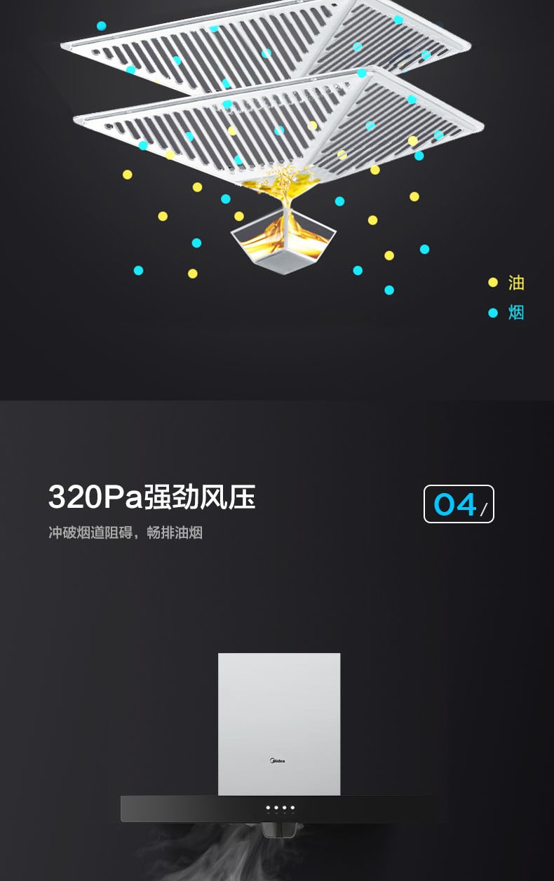 CXW-220-B80A 风量17m³/min 静压320Pa 2级能效 琴式按键玻璃 T型欧式_油烟机_美的厨卫_厨卫商圈_云营4S店