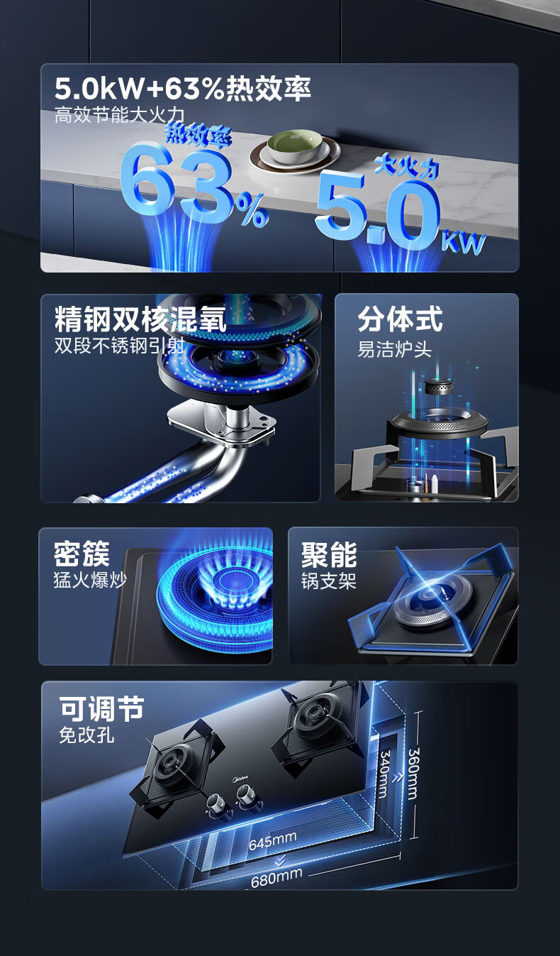 JZT-Q623-M 天然气 嵌入式燃气灶 密簇大火力 4.2KW双眼灶 1级能效_燃气灶具_美的厨卫_厨卫商圈_云营4S店